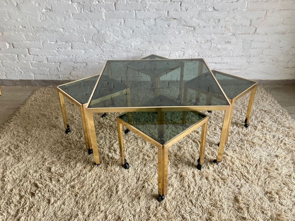 Tables de Salon en Laiton et Verre Vert, Italie, 1970s, Set de 5 en ...