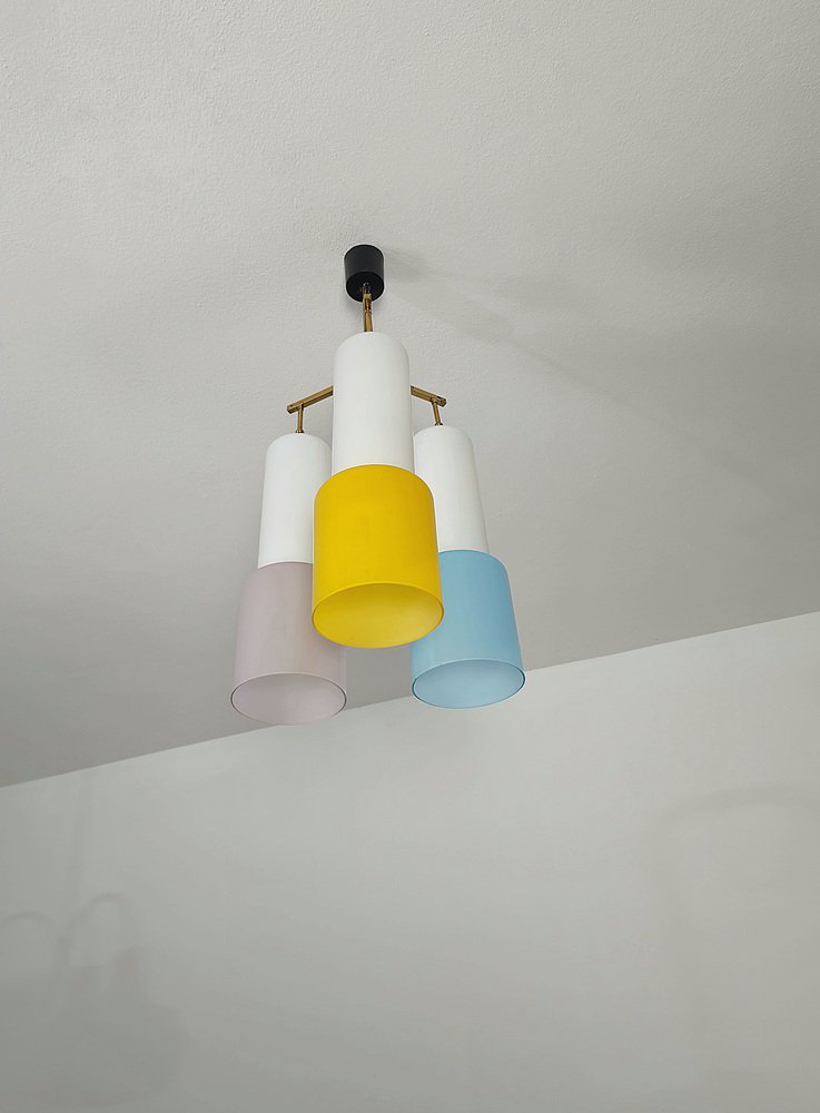 Mid Century Ceiling Light In Brass And Milky Glass Italy 1960s For Sale At Pamono