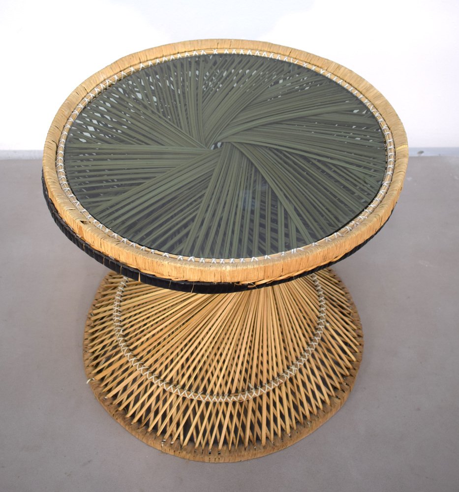 Straw and smoked glass coffee table, Italy, 1970s for sale at Pamono