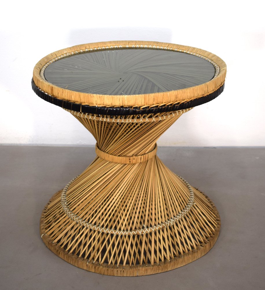 Straw and smoked glass coffee table, Italy, 1970s for sale at Pamono