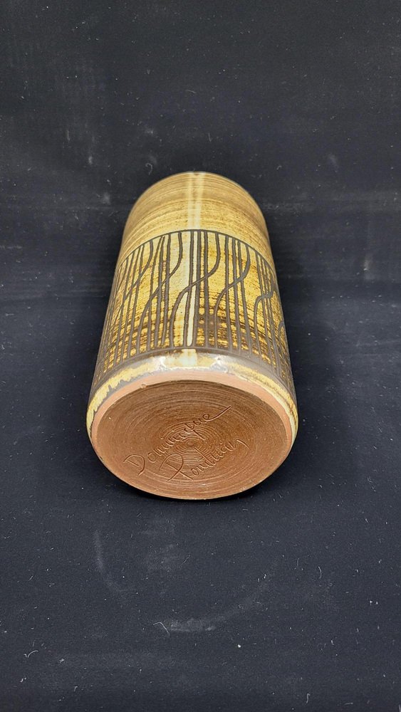 Ceramic Cylindrical Vase with Brown Glaze and Dark Incised Geometric ...