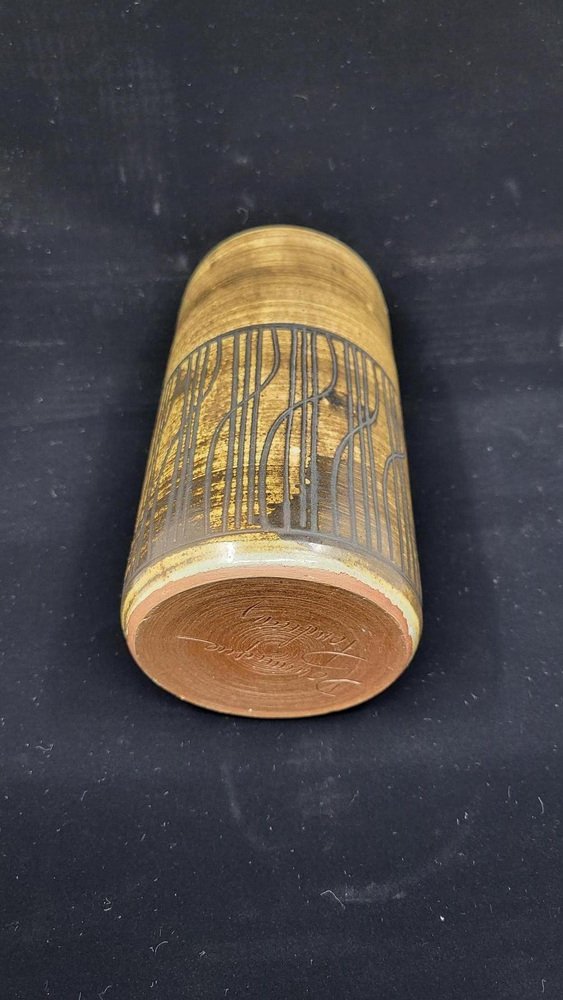 Ceramic Cylindrical Vase with Brown Glaze and Dark Incised Geometric ...