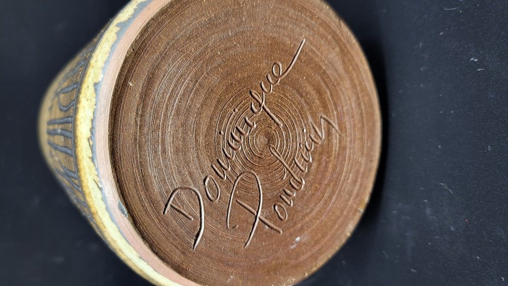 Ceramic Cylindrical Vase with Brown Glaze and Dark Incised Geometric ...