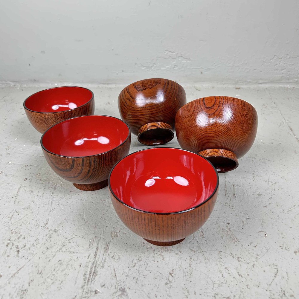 Lacquerware Rice Bowls from Aizu, Japan, 1950s, Set of 5 for sale at Pamono
