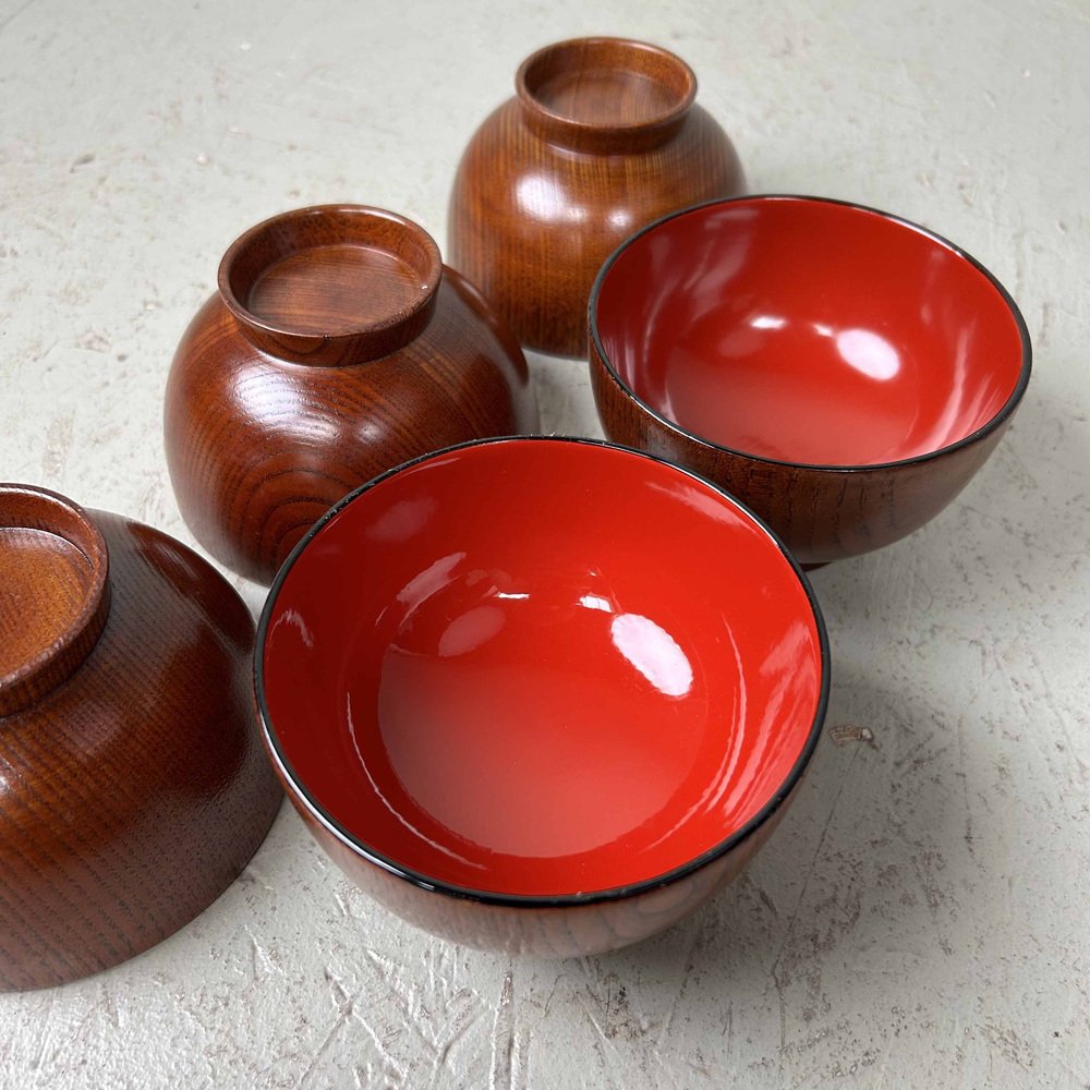 Lacquerware Rice Bowls from Aizu, Japan, 1950s, Set of 5 for sale at Pamono