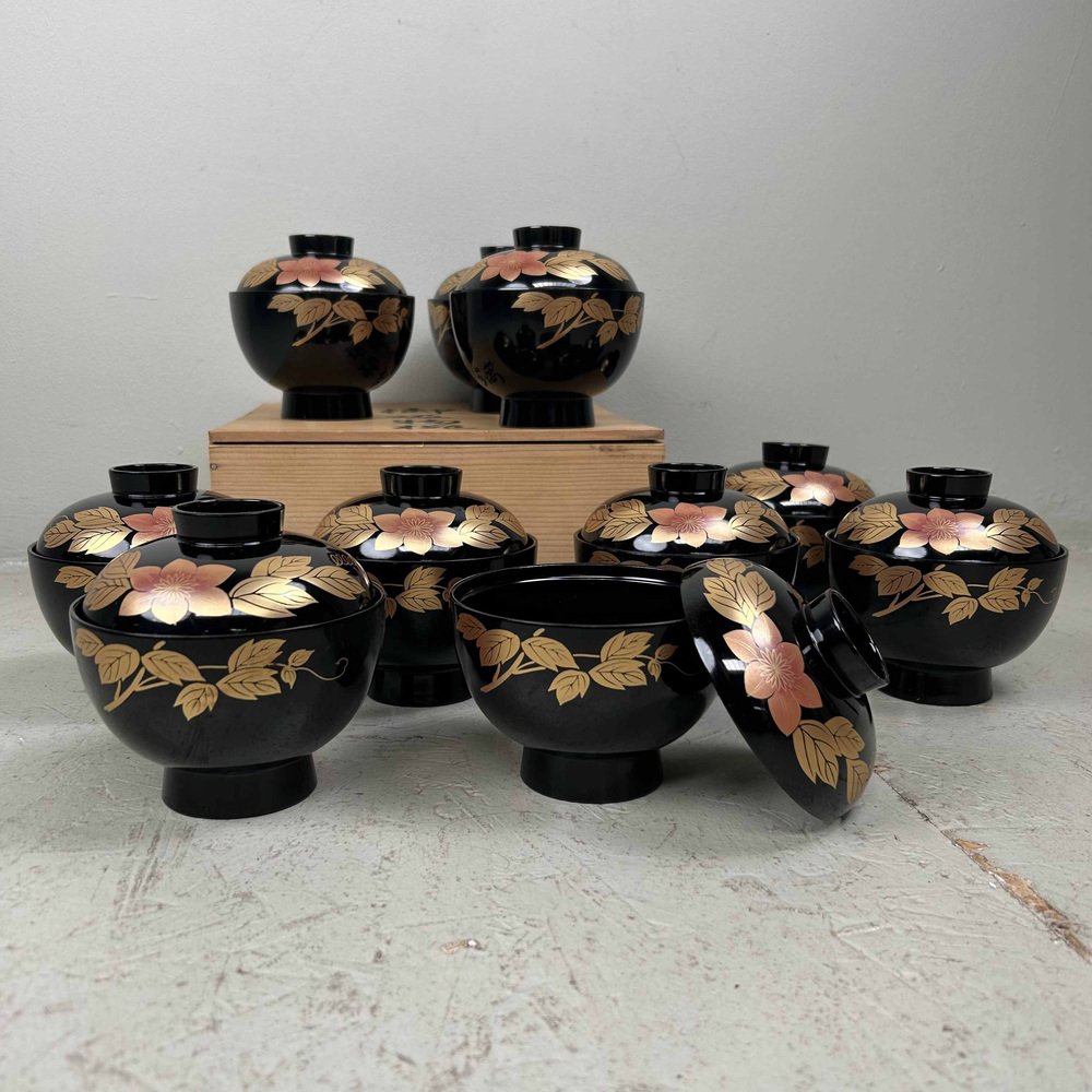 Japanese Lacquerware Rice Bowls, 1950s, Set of 10 for sale at Pamono