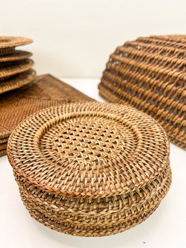 Vintage Rattan Plates, Placemats and Food-Covers, 1970s, Set of 13 for ...