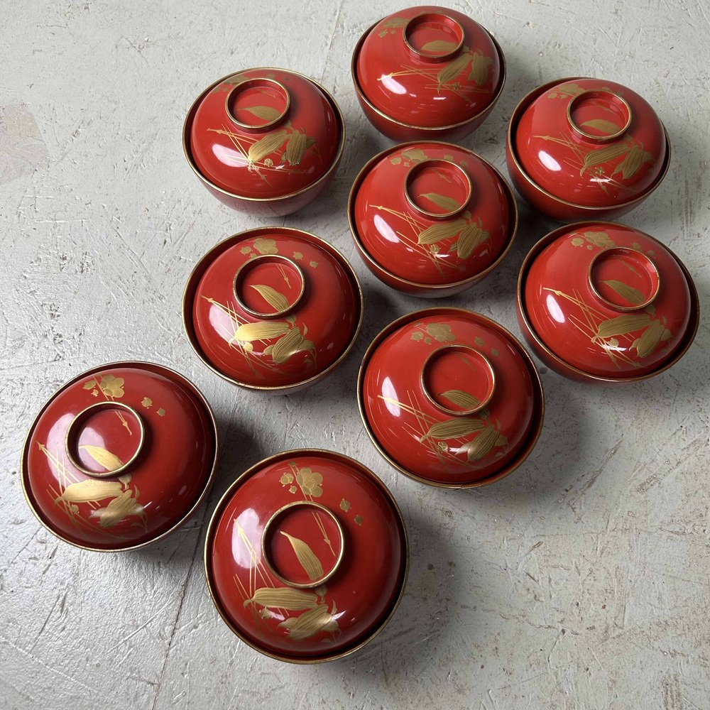 Scodelle per riso Urushi Maki-E, Giappone, anni '20, set di 9 in ...