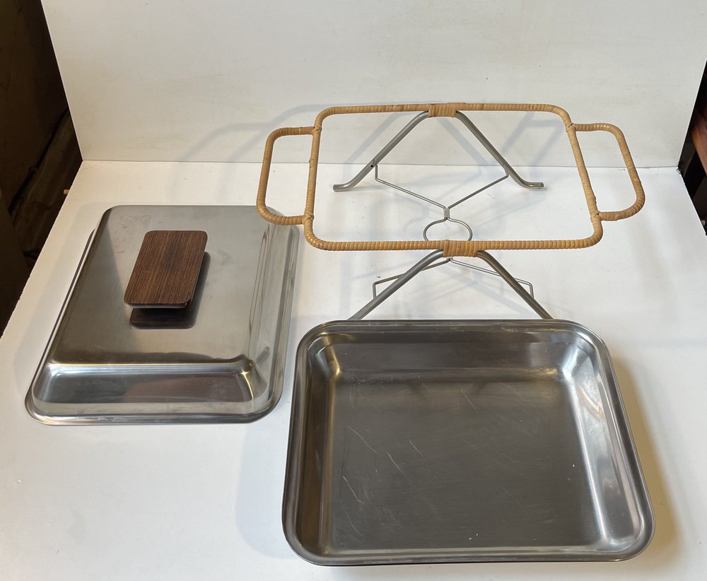 Mid-Century Dinner Cloche Tray in Stainless Steel and Rattan from ...