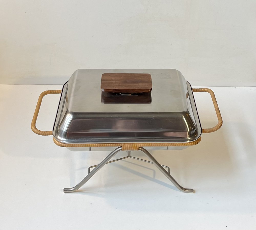 Mid-Century Dinner Cloche Tray in Stainless Steel and Rattan from ...