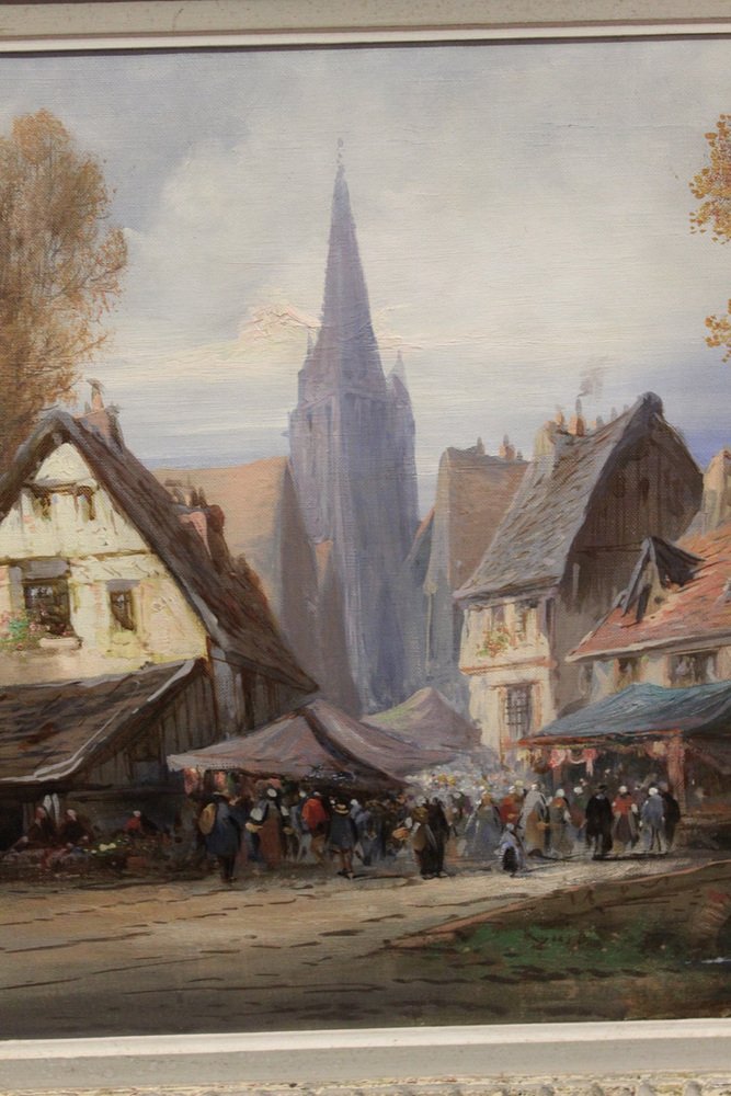 Paul Devillers, Market Scene in Rouen, 1920s, Oil on Canvas, Framed for sale at Pamono