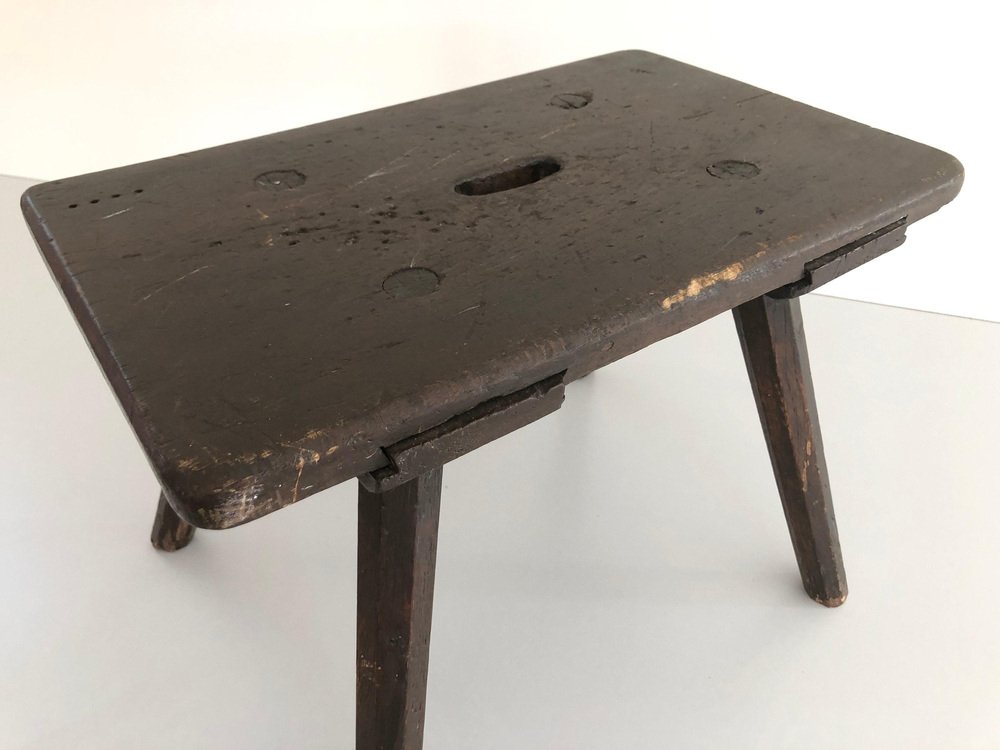 Antique Hand-Crafted Worn Wood Low Stool, 1930s for sale at Pamono