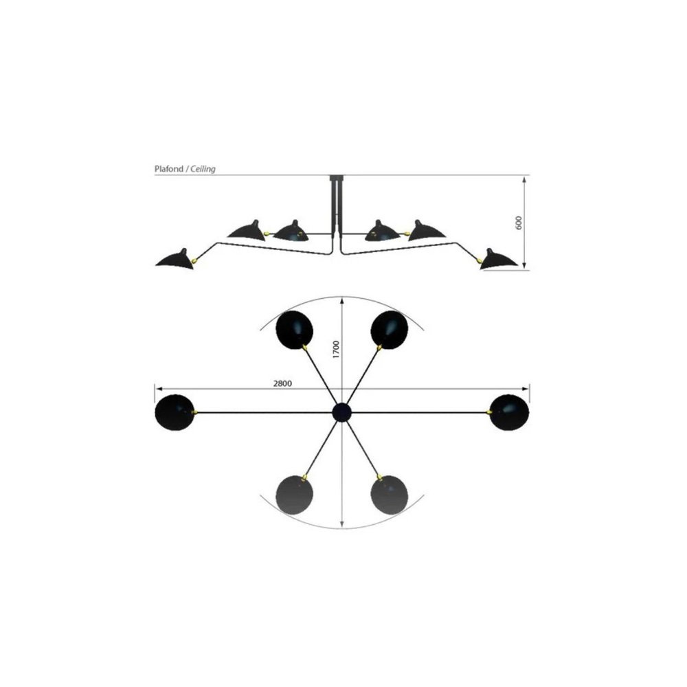 Ceiling Lamp with Six Rotating Arms in Black and White by Serge Mouille ...