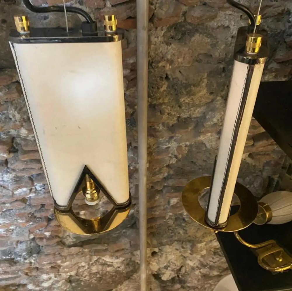 Mid-Century Modern Brass and Skin Double Ceiling Light, Italy, 1980s ...