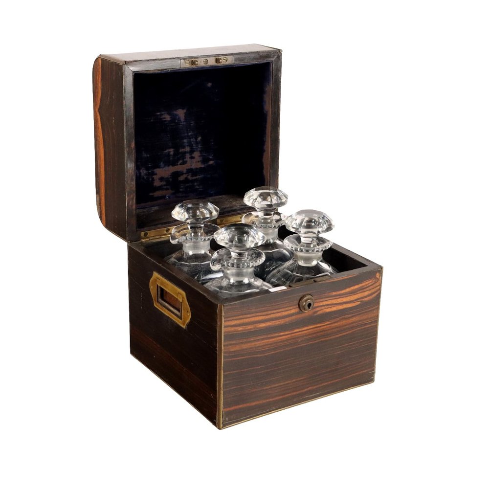 Vintage Liquor Box with Glass Decanters, Early 19th Century, Set of 5 ...