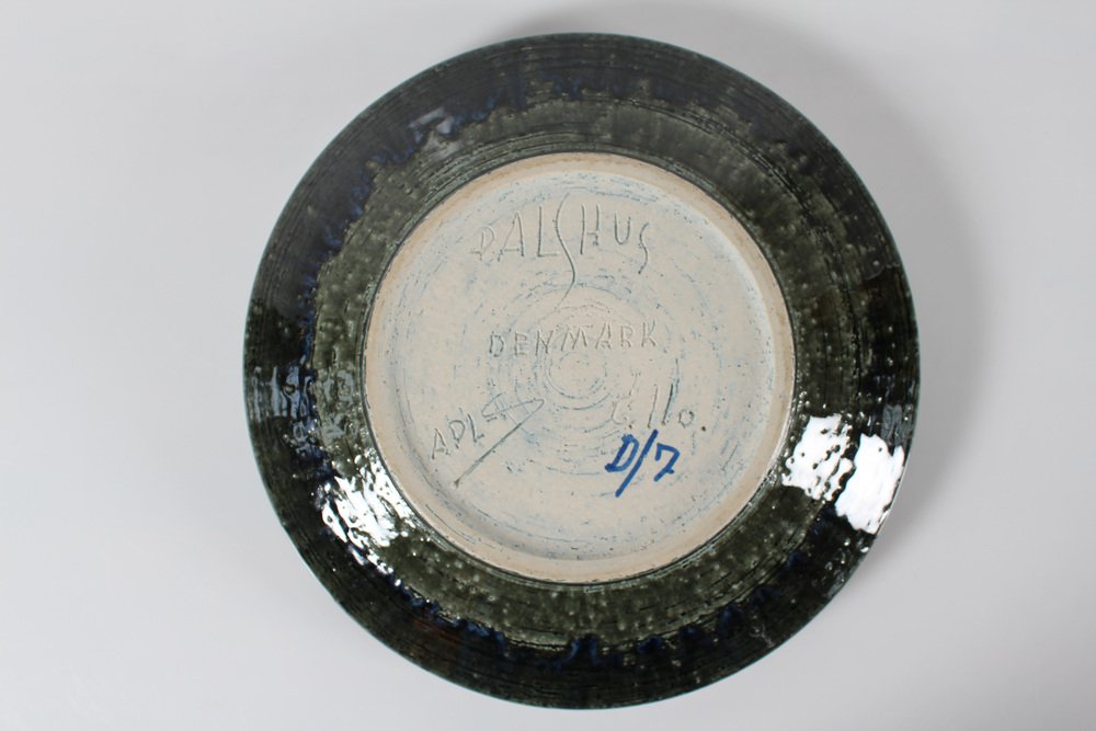 Large Mid-Century Danish Low Bowl in Deep Blue and Moss Green Glazed ...