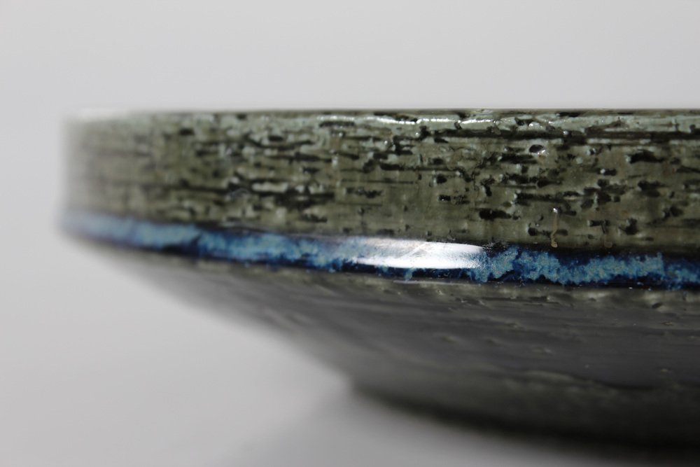 Large Mid-Century Danish Low Bowl in Deep Blue and Moss Green Glazed ...