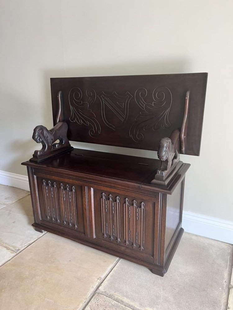 Antique Carved Oak Monks Bench, 1920s for sale at Pamono