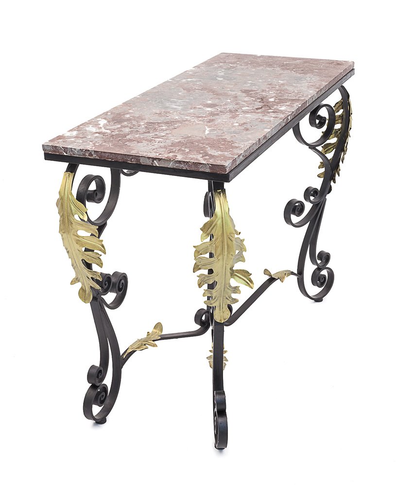 Wrought Iron Console with Golden Acantho Leaves, 1950s for sale at Pamono