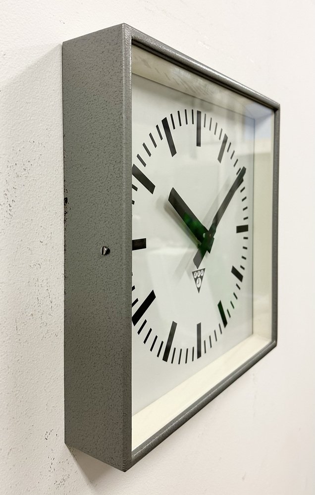 Industrial Grey Square Wall Clock from Pragotron, 1980s for sale at Pamono