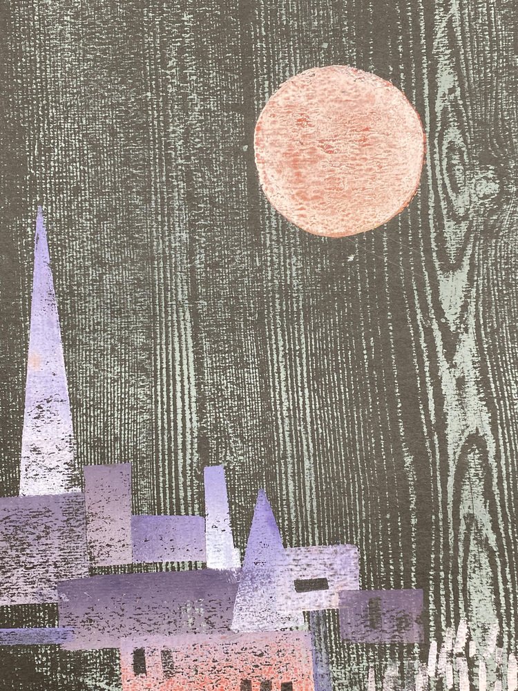 Jacob Pins, Forest Village at Full Moon, 1963, Woodblock Print for sale at Pamono