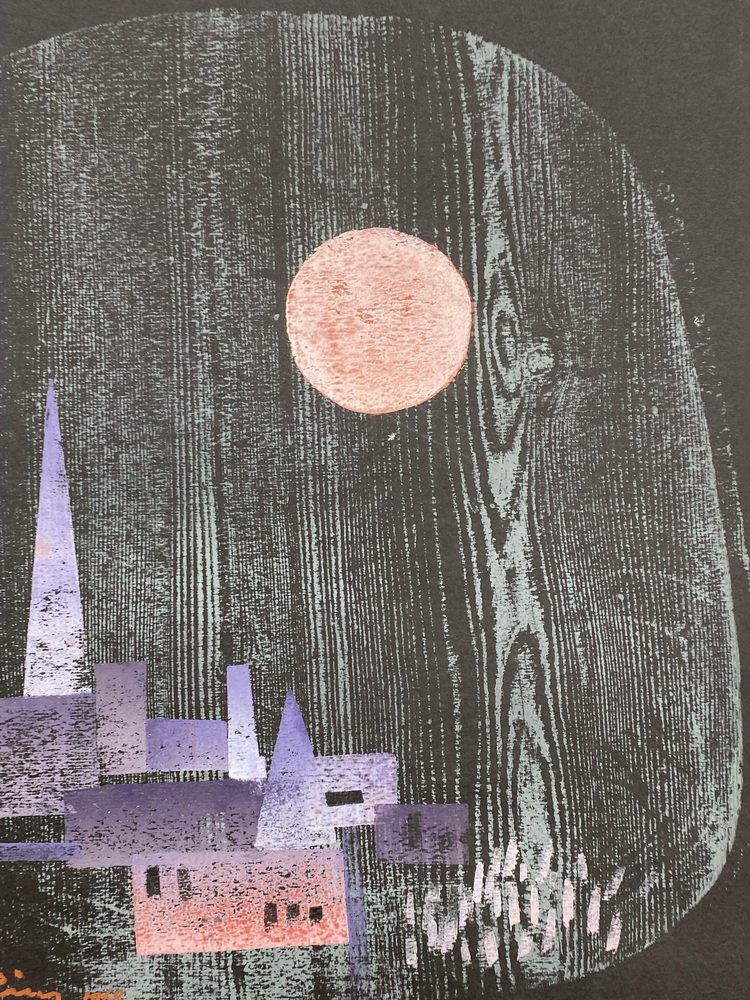 Jacob Pins, Forest Village at Full Moon, 1963, Woodblock Print for sale at Pamono
