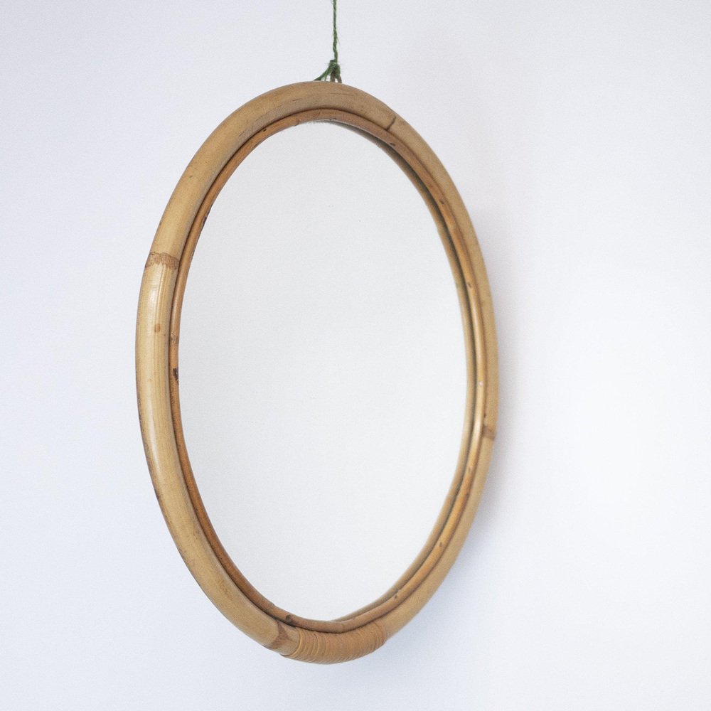 Vintage Round Bamboo Mirror, 1970s for sale at Pamono