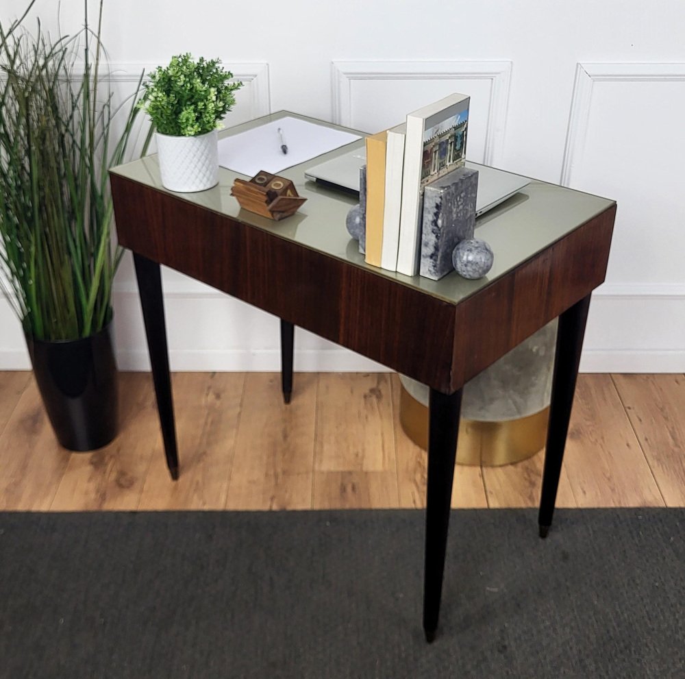 Mid-Century Art Deco Italian Walnut Brass Glass Top Desk Writing Table ...
