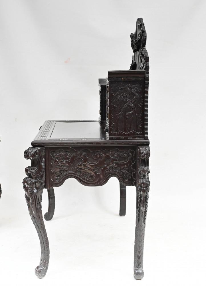 Carved Japanese Desk and Chair, 1880s for sale at Pamono