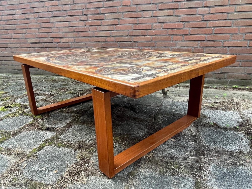 Danish Brutalist Wooden Table with Art Ceramic Tiled Top from Oxart ...