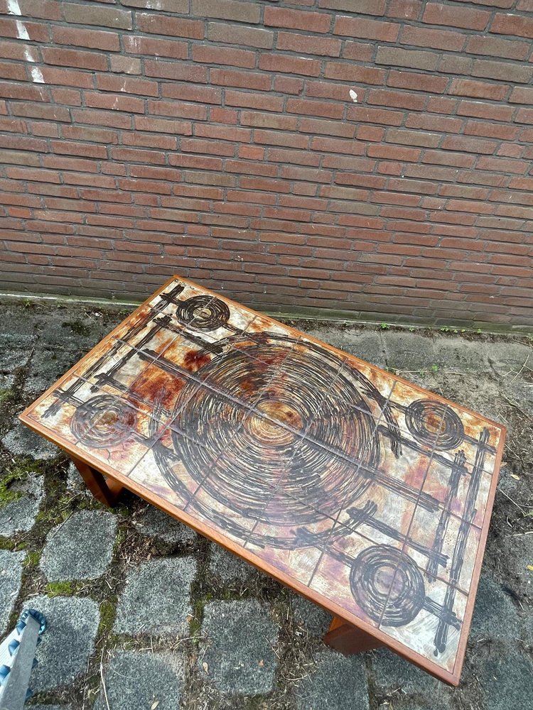 Danish Brutalist Wooden Table with Art Ceramic Tiled Top from Oxart ...