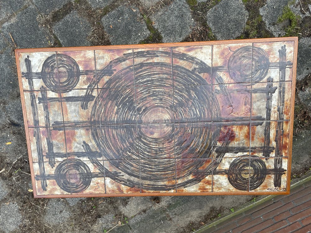 Danish Brutalist Wooden Table with Art Ceramic Tiled Top from Oxart ...