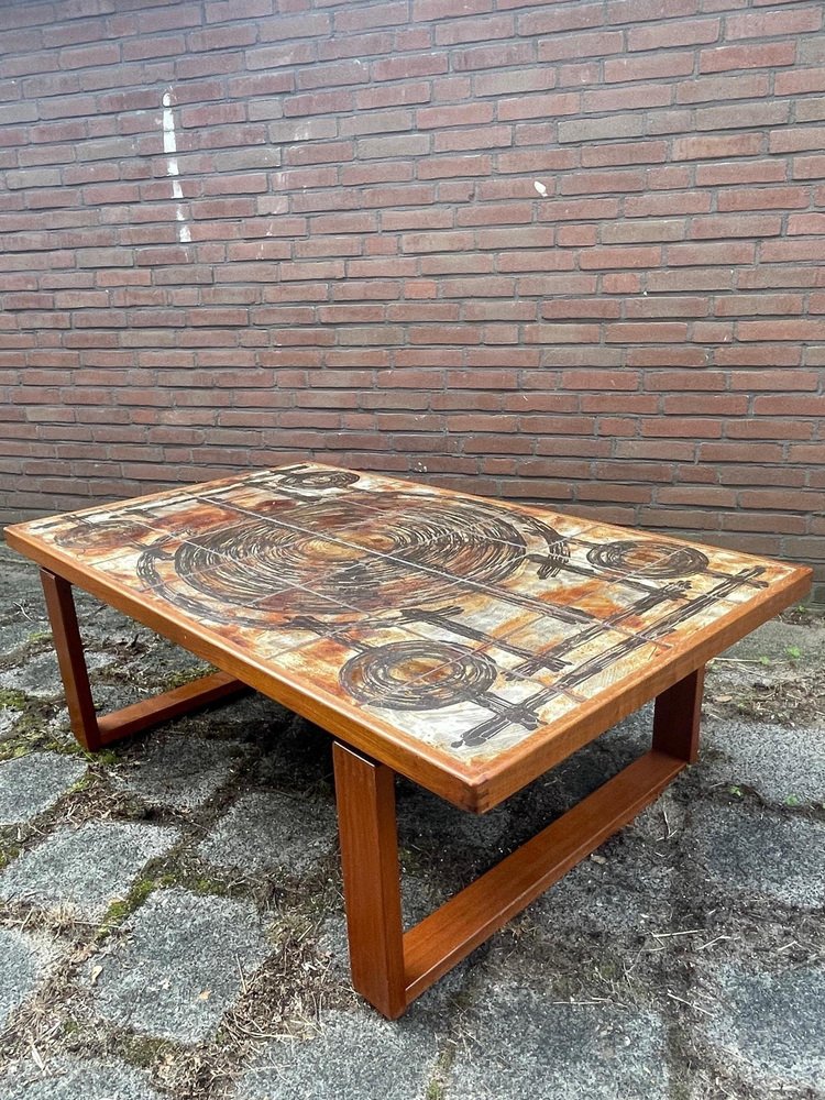 Danish Brutalist Wooden Table with Art Ceramic Tiled Top from Oxart ...