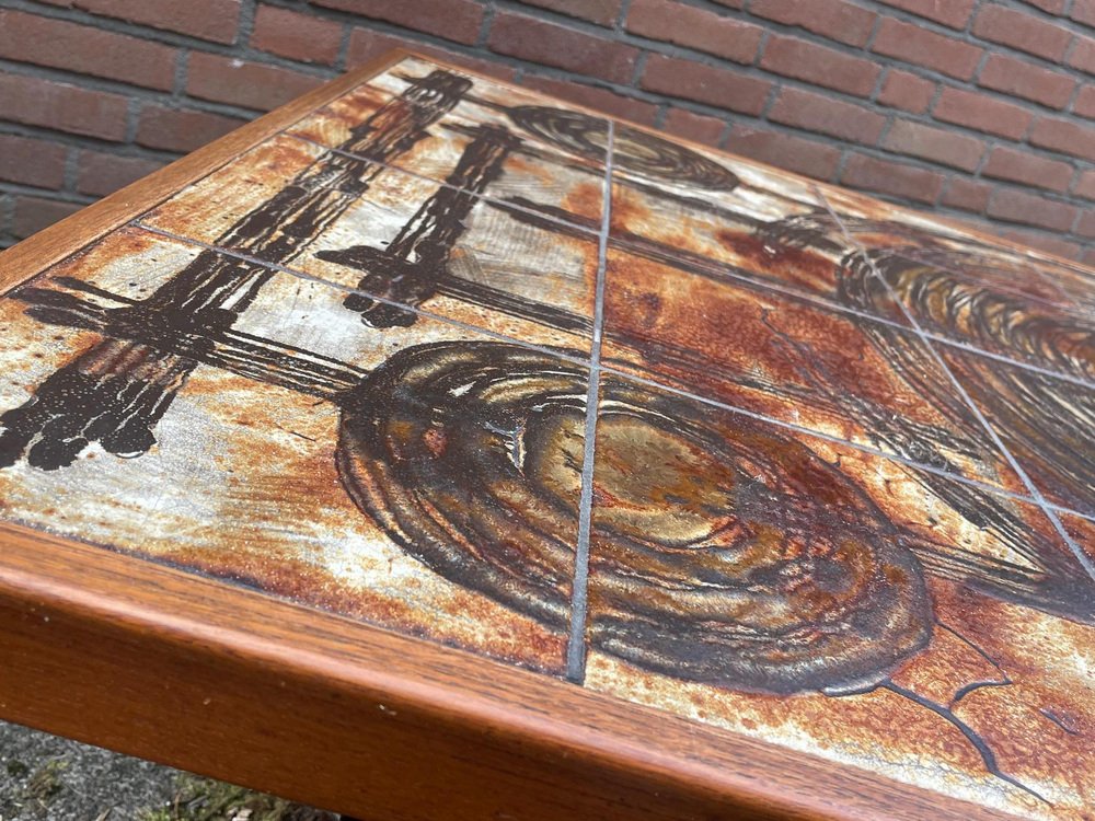 Danish Brutalist Wooden Table with Art Ceramic Tiled Top from Oxart ...