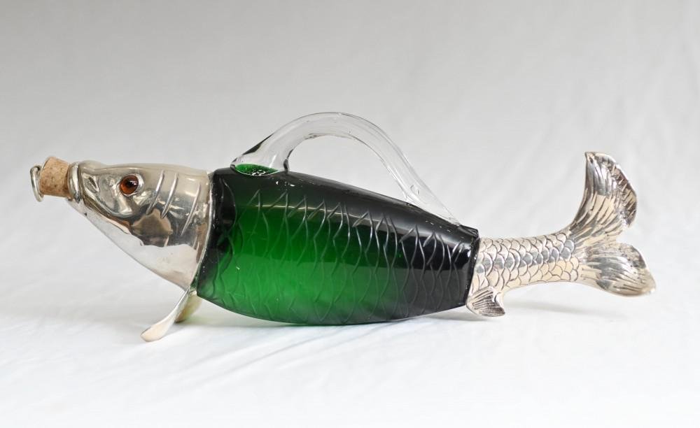 Silver Plate Fish Bottle in Green Glass for sale at Pamono