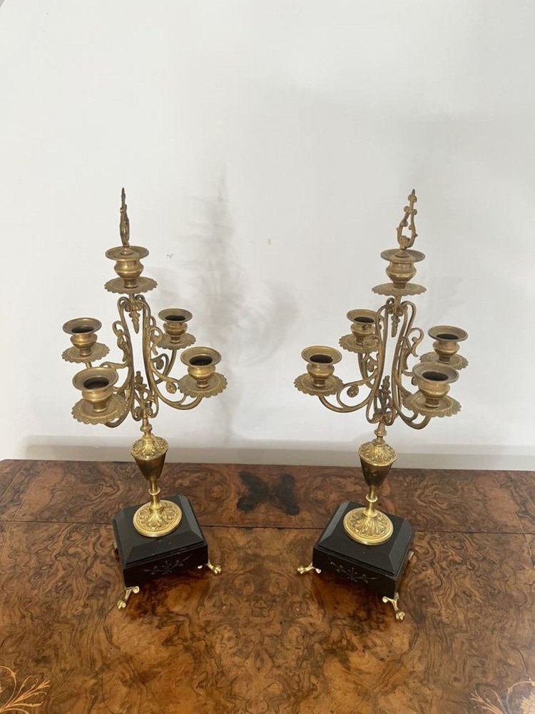 Victorian Brass and Marble Candelabras, 1860s, Set of 2 for sale at Pamono
