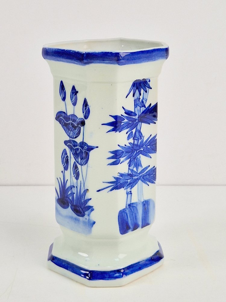 Antique Japanese Octagonal Blue and White Porcelain Vase with Landscape ...