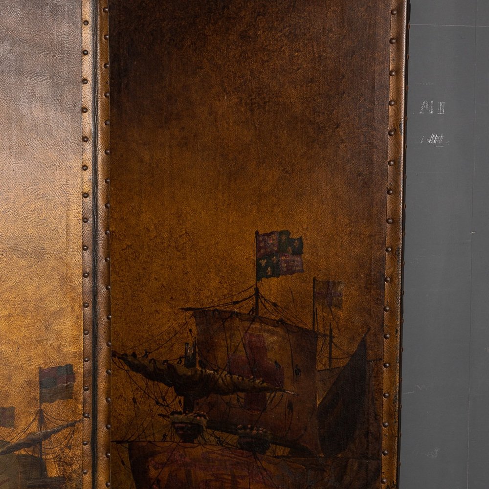 20th Century Oil Painted on Leather Room Screen, 1920s for sale at Pamono