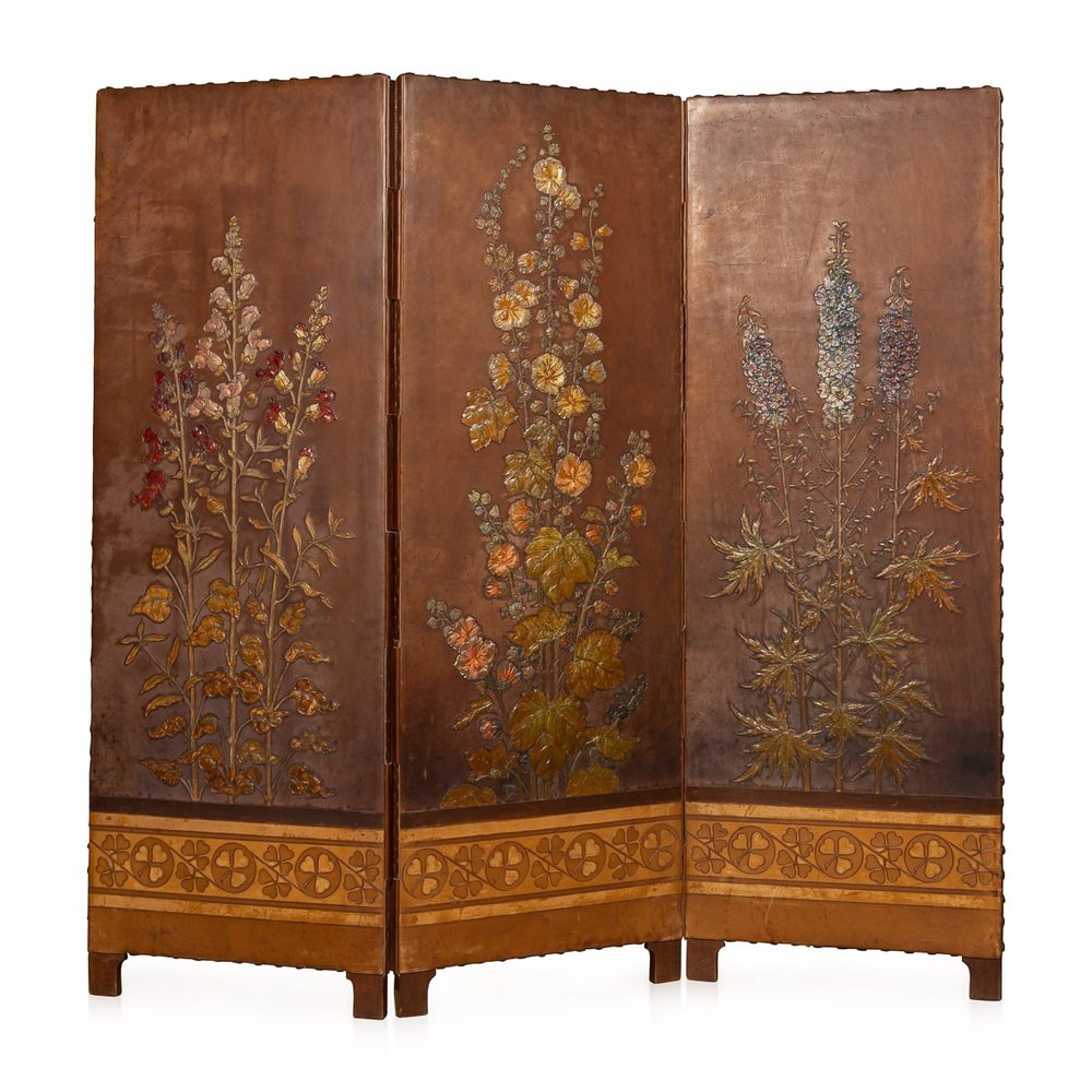 20th Century Oil Painted on Leather Room Screen, 1920s for sale at Pamono