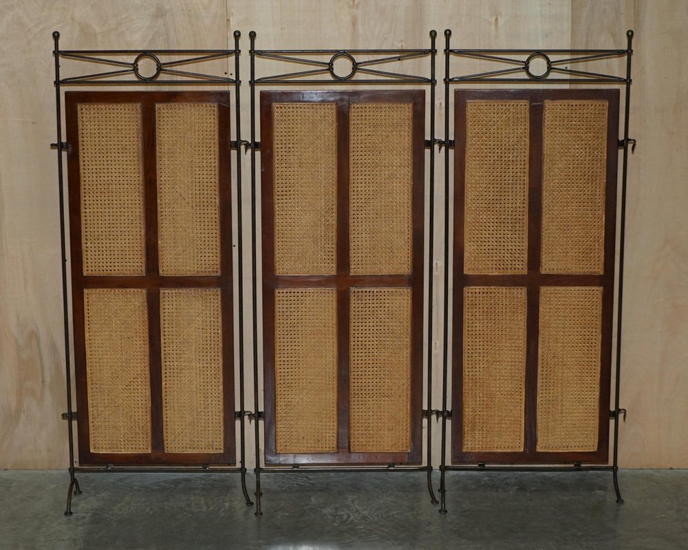 Vintage Wrought Iron, Bergere & Hardwood Triple Panel Room Divider for ...