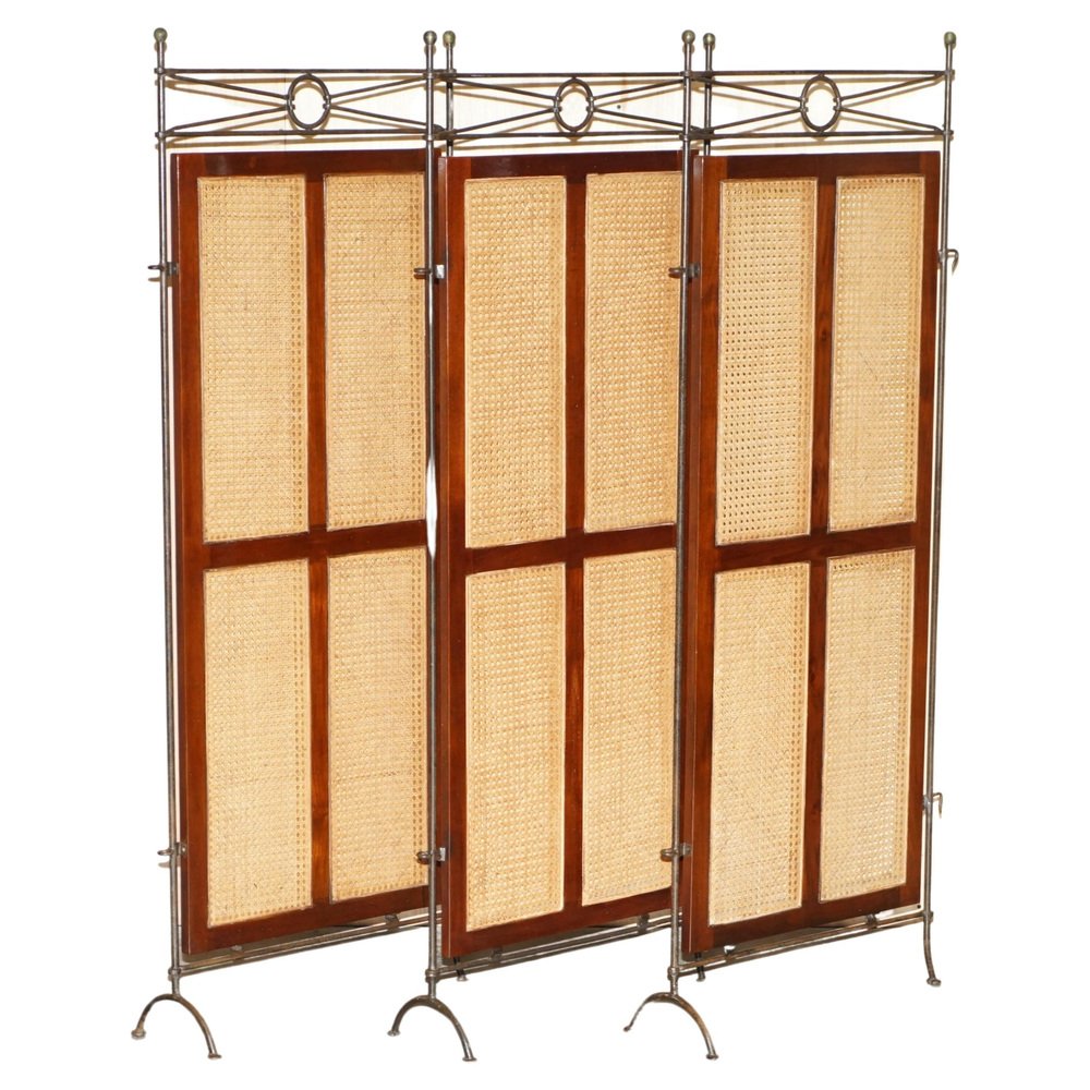 Paravent Vintage à Triple Panneau en Fer Forgé, Bergère et Bois Dur en ...