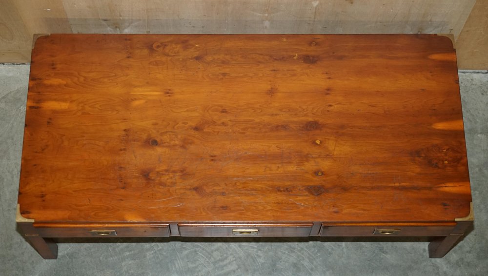 Military Campaign Burr & Burl Yew Brass 3 Drawer Coffee Table for sale ...