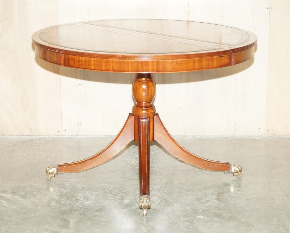 Round Extending Dining Table with Hand Dyed Brown Leather Top for sale ...