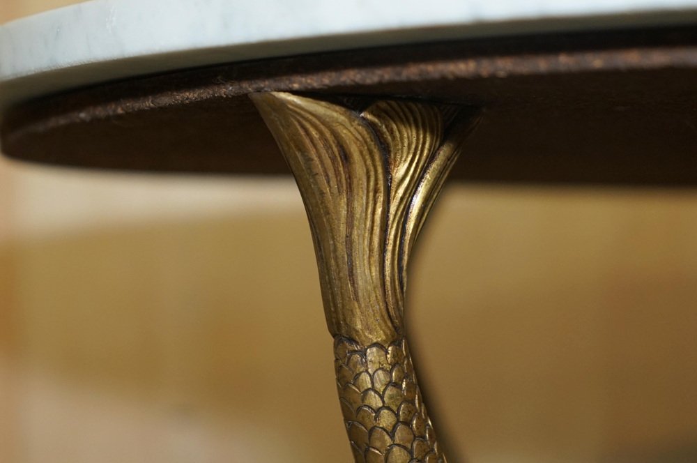 Table Basse Dauphin du 19ème Siècle en Laiton Doré et Marbre de Carrare ...