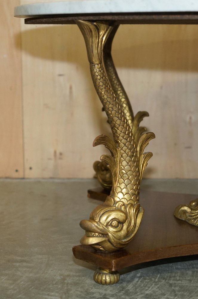 Table Basse Dauphin du 19ème Siècle en Laiton Doré et Marbre de Carrare ...