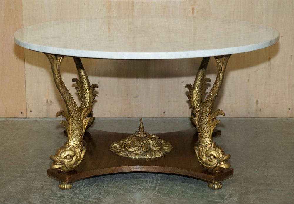Table Basse Dauphin du 19ème Siècle en Laiton Doré et Marbre de Carrare ...