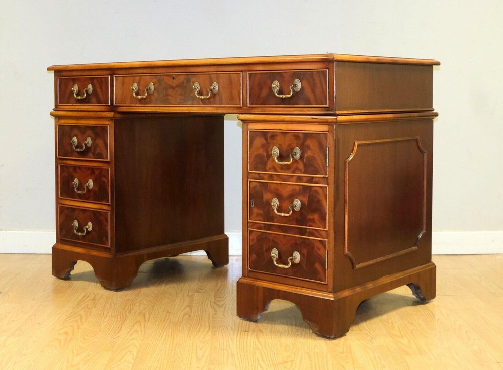 Late 20th Century Waring & Gillow Pedestal Desk with Gold Tooled Red ...