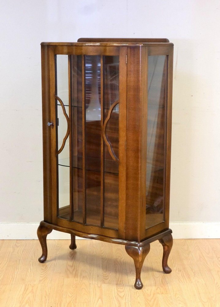 Small Walnut Glazed Bookcase with Glass Shelves on Queen Ann Style Legs ...