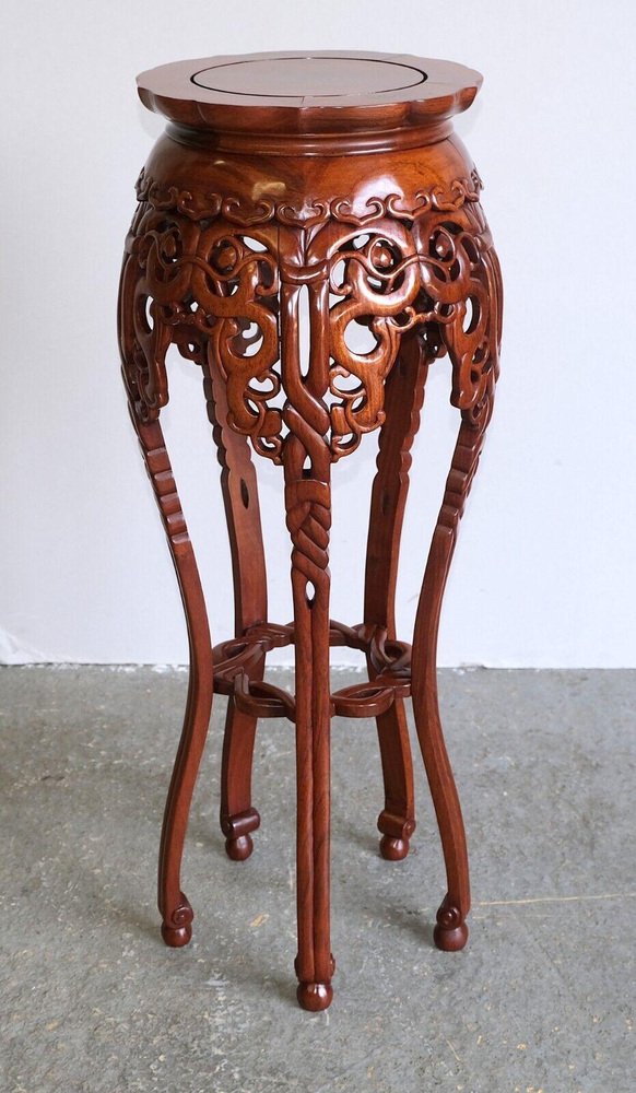 Hand Carved Teak Round Top Plant Stand for sale at Pamono