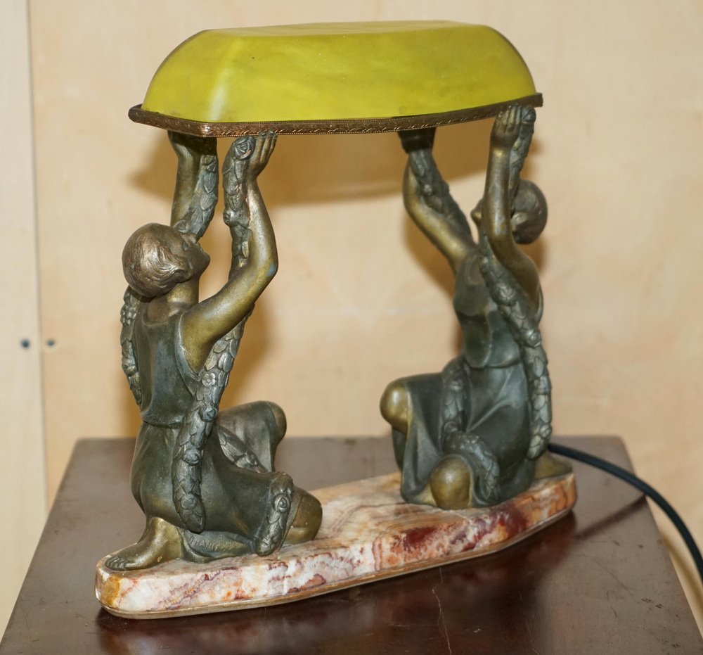 Antike französische Art Deco Tischlampe aus kalt lackierter Bronze mit ...